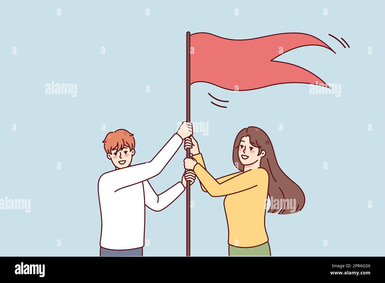 Smiling employees put flag as symbol of shared goal achievement and ...