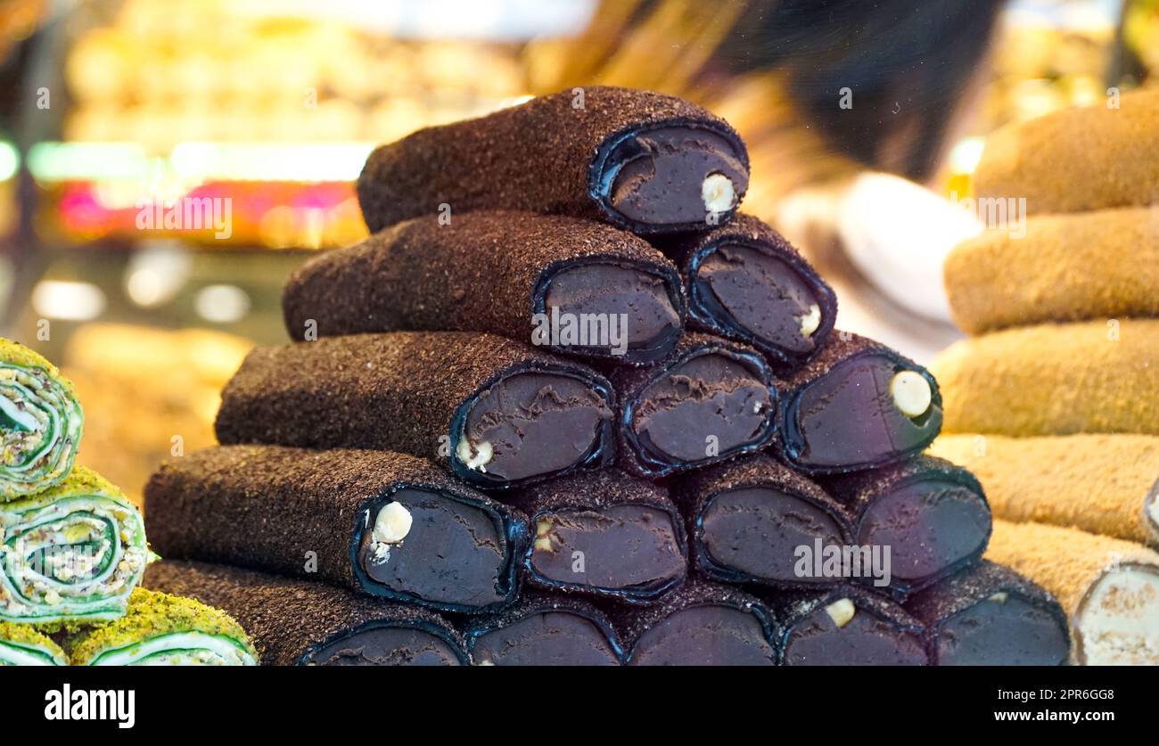 Traditional Turkish Delight on a display for sale Stock Photo - Alamy