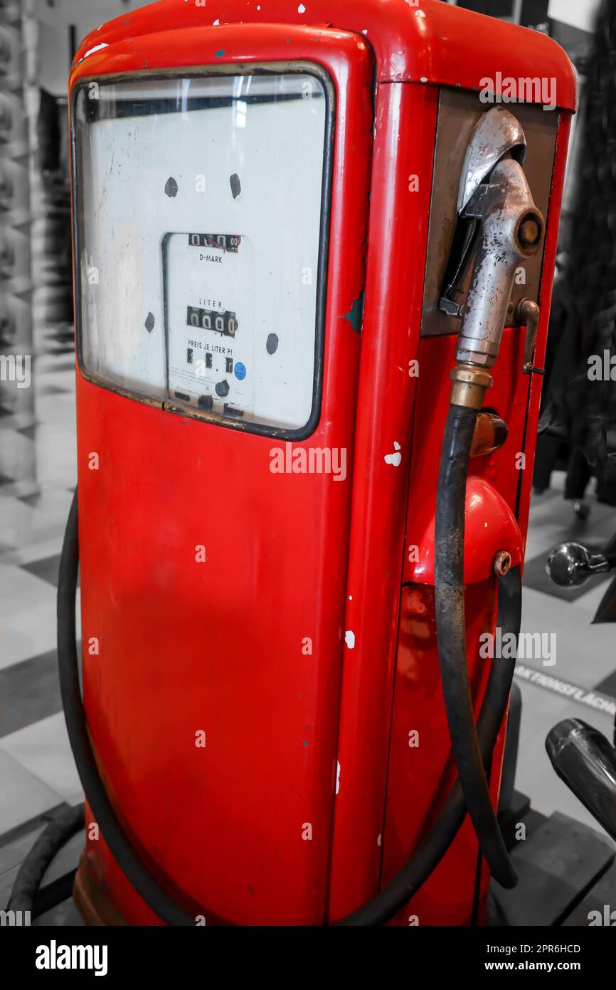 A detailed view of an old red gasoline pump for gasoline Stock Photo ...