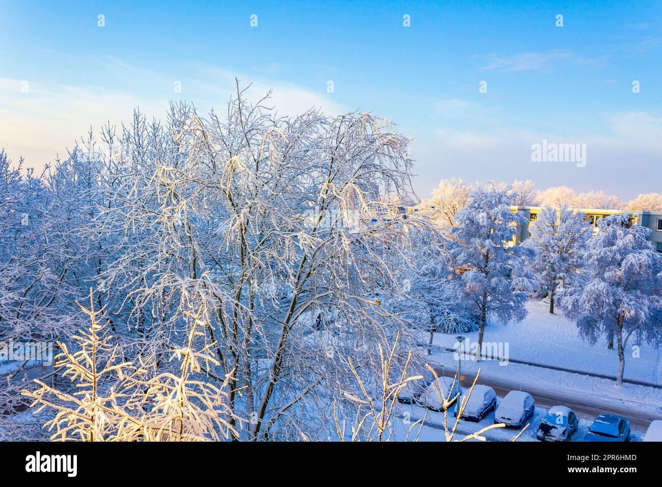Snowy winter snow and ice landscape panorama view Bremerhaven Germany ...