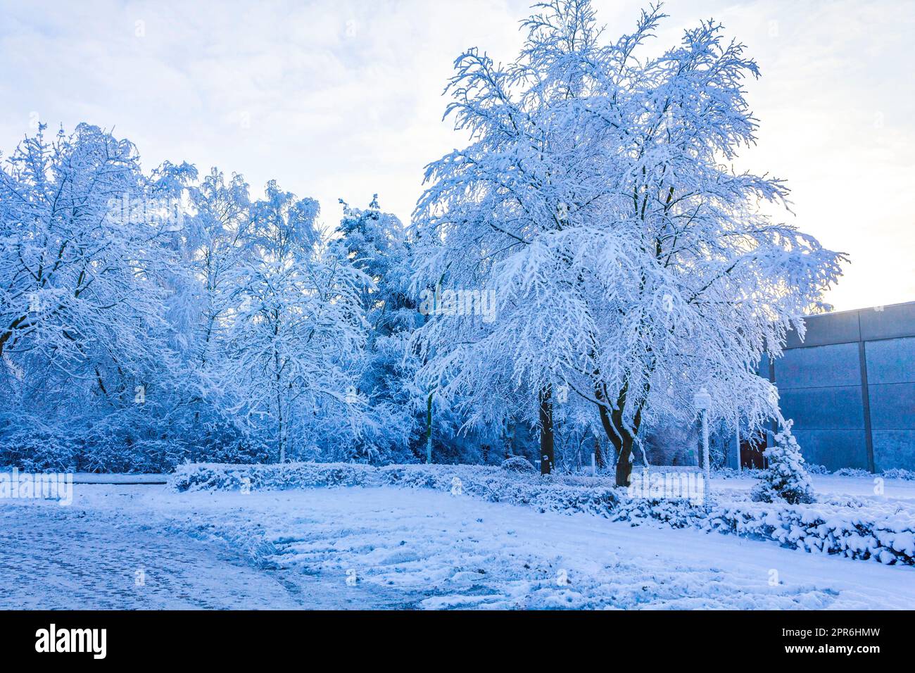 Snowy winter snow and ice landscape panorama view Bremerhaven Germany ...
