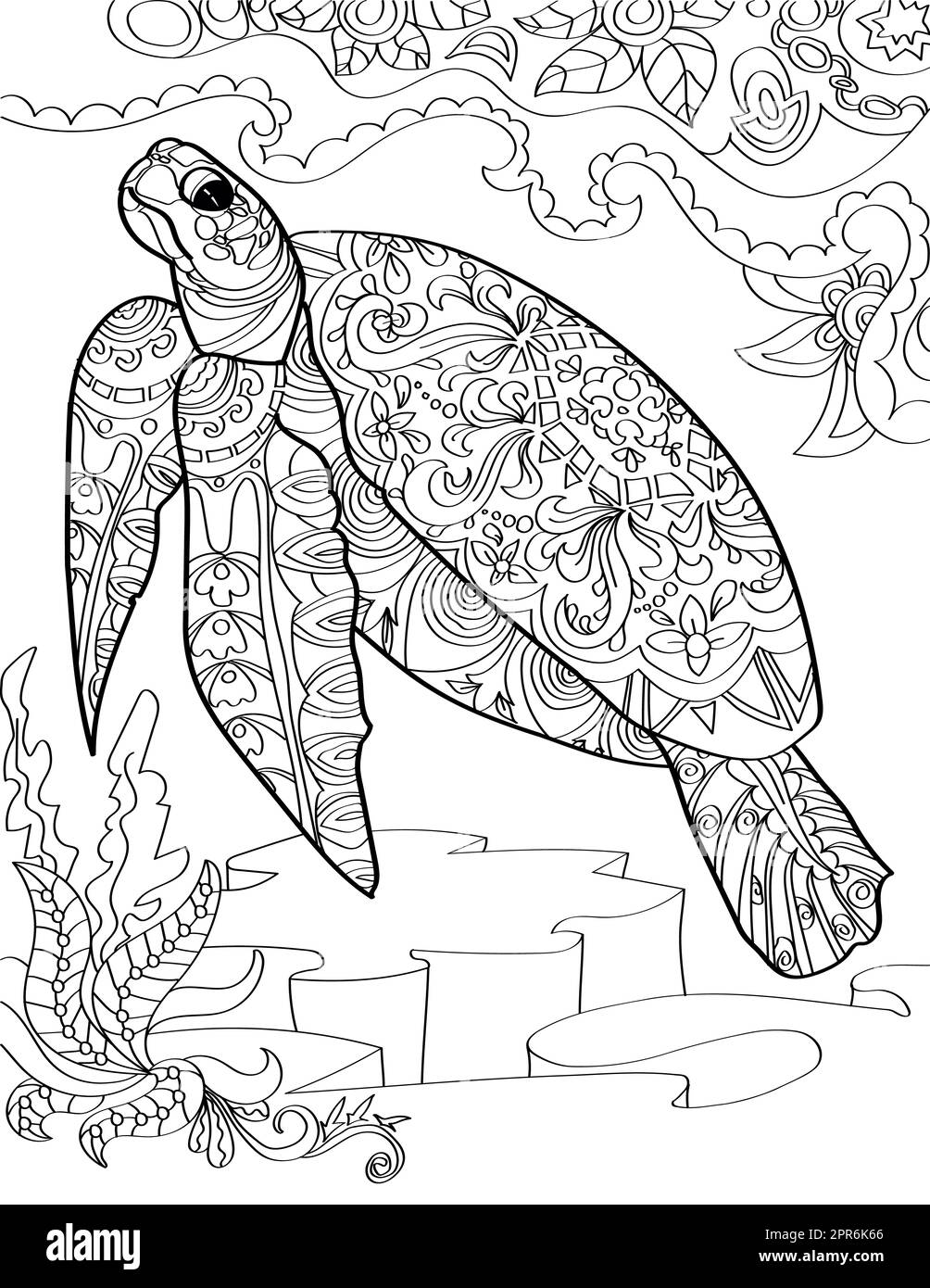 Large Sea Turtle Below The Ocean Swimming Upward Colorless Line Drawing ...
