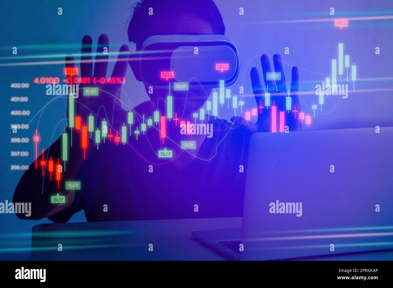 man wearing VR glasses touch virtual screen metaverse technology forex ...