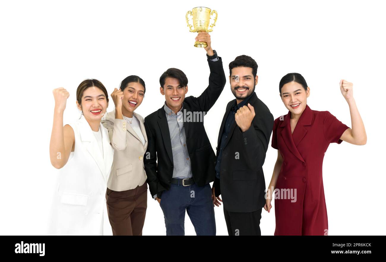 Team of successful young people standing together with trophy received ...