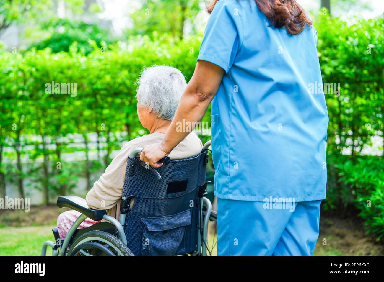 Caregiver help Asian elderly woman disability patient sitting on ...