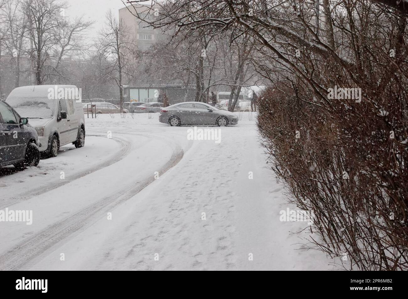 Snow-covered winter city: road, parking lot, trees, houses in the ...