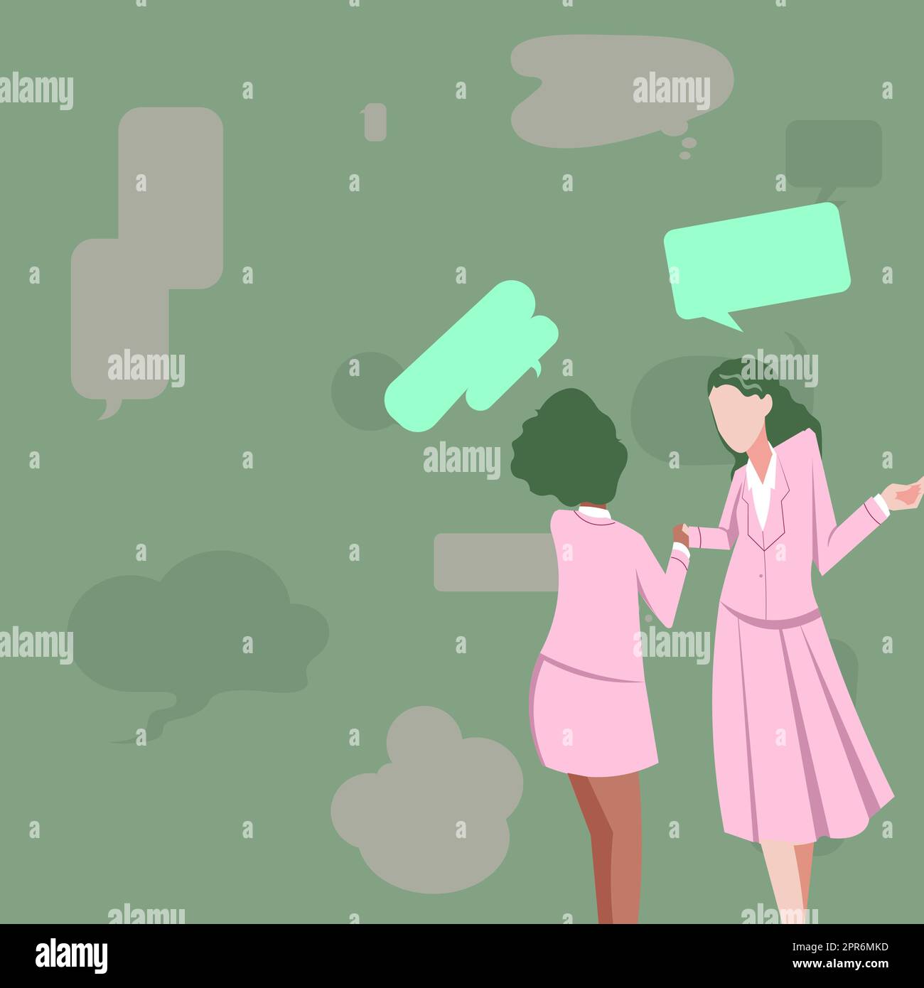 Two Colleagues Standing Sharing Thoughts Together With Speech Bubbles ...