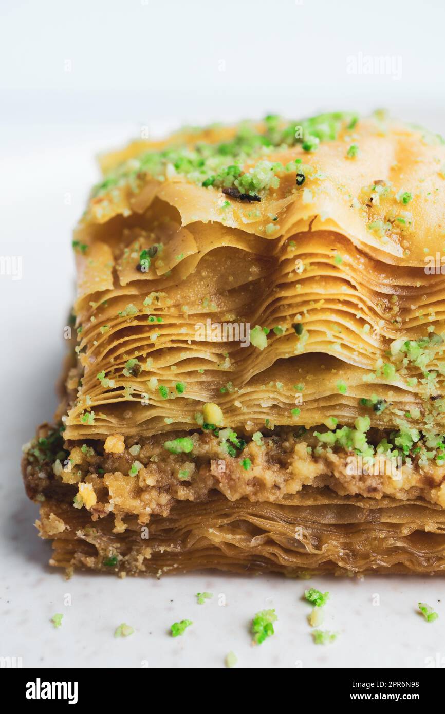 Close up image of pistachio baklava phyllo pastry dessert showing ...