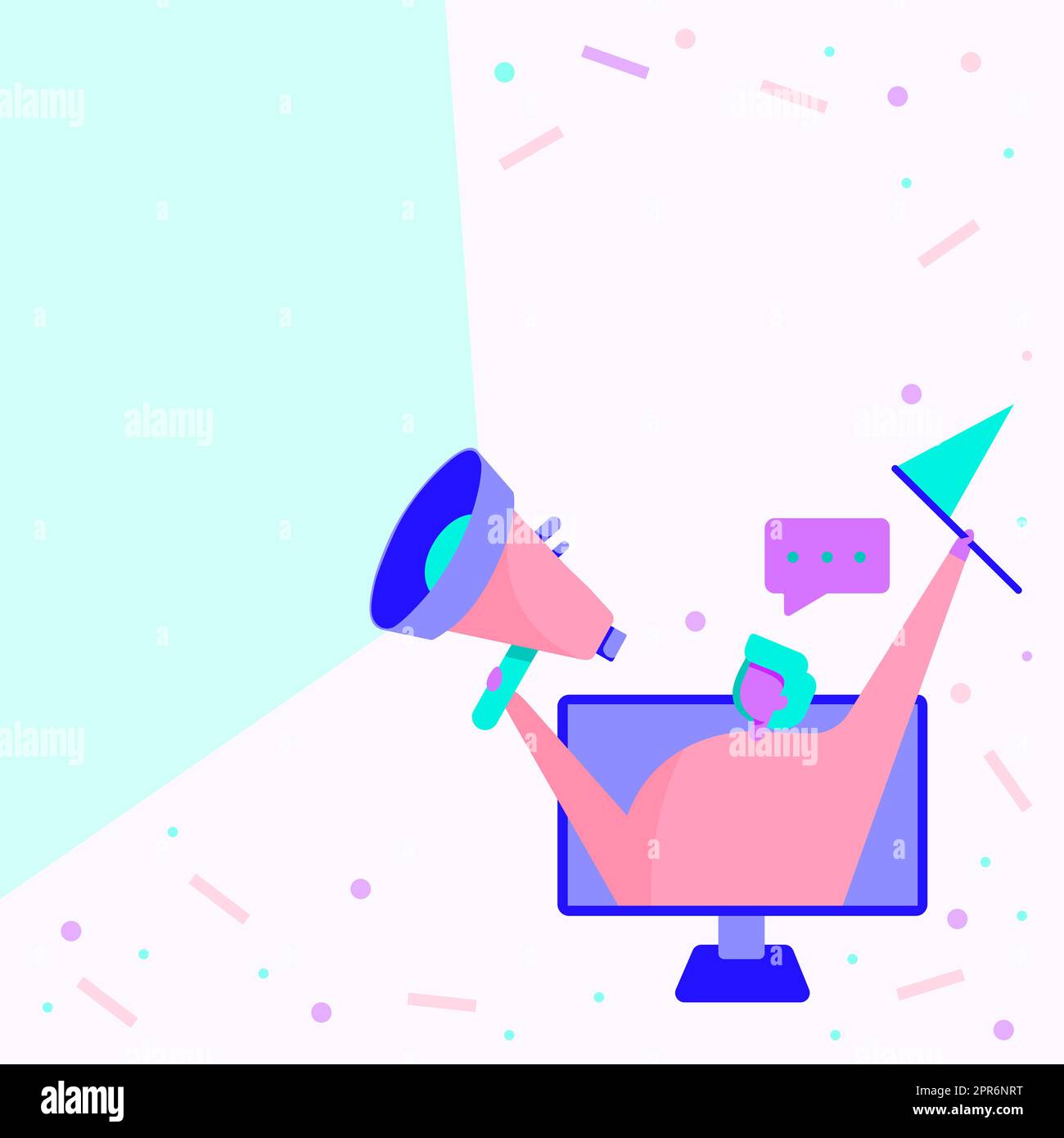 Lady Inside A Monitor Screen Drawing Holding Megaphone And Flag Stock ...