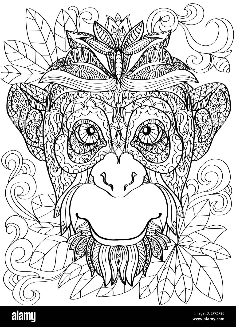 Monkey Head Facing Forward With Leaves Background Line Drawing Stock ...