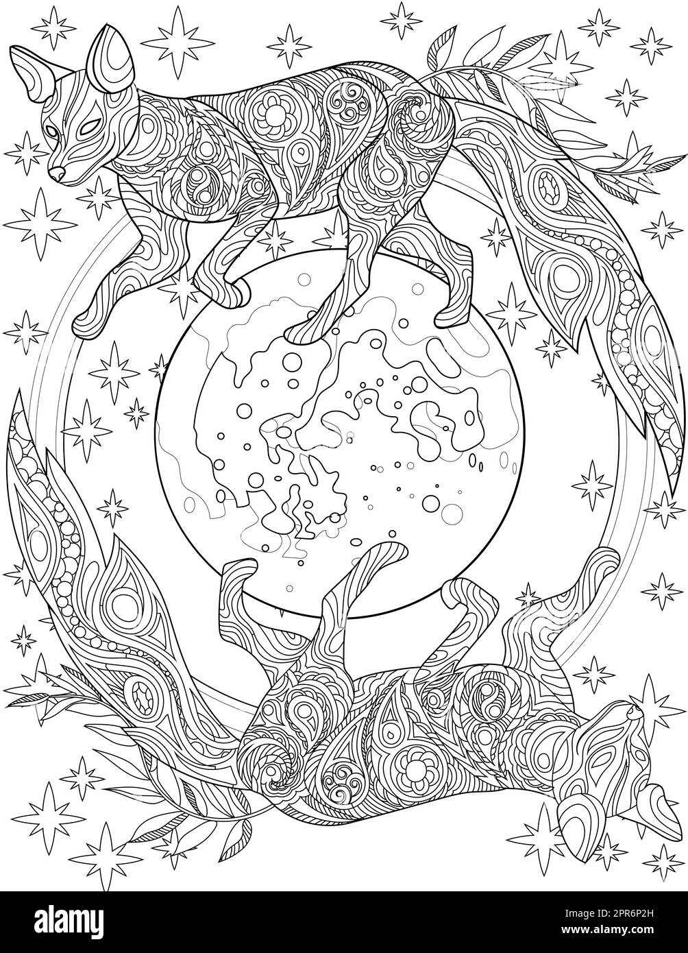 Two Wolves Standing On Tiny Earth Sphere Starry Background Coloring ...