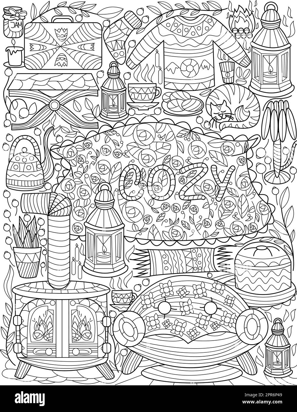 House Furniture Doodle Set Couch Lamp Table Candles Cups Line Drawing ...