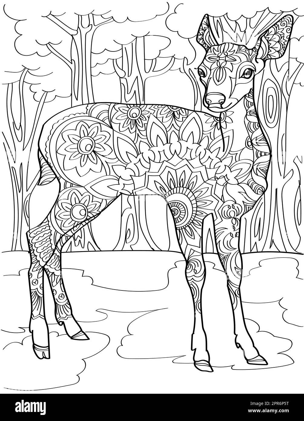 Alert Deer Standing In The Middle Of The Forest Colorless Line Drawing ...