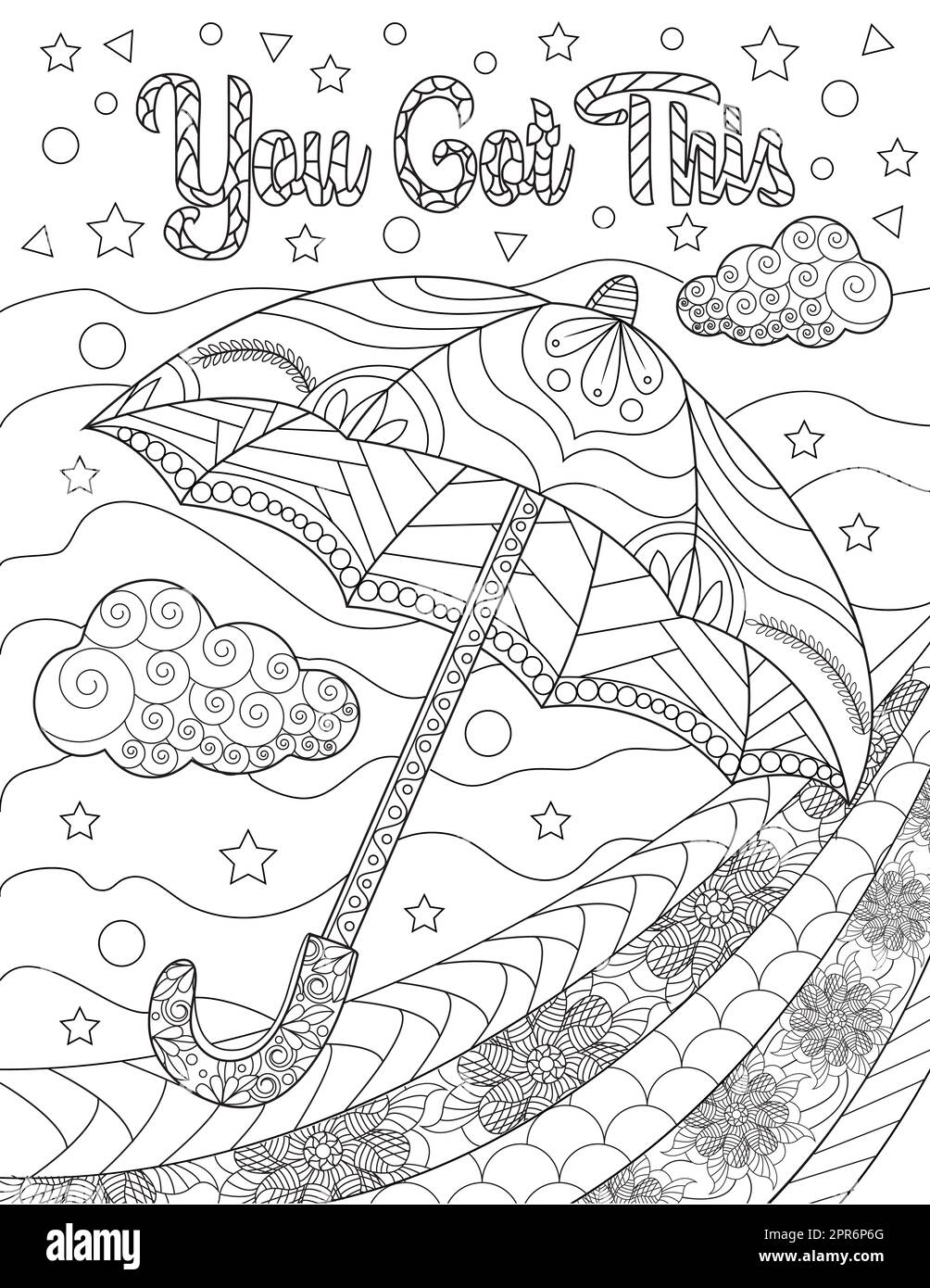 Floating Umbreslla With Clouds Stars Colorless Line Drawing Stock Photo ...