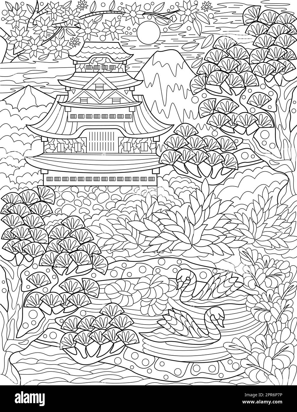 Traditional Japanese House Beside A Lake With Swans And Trees Line ...