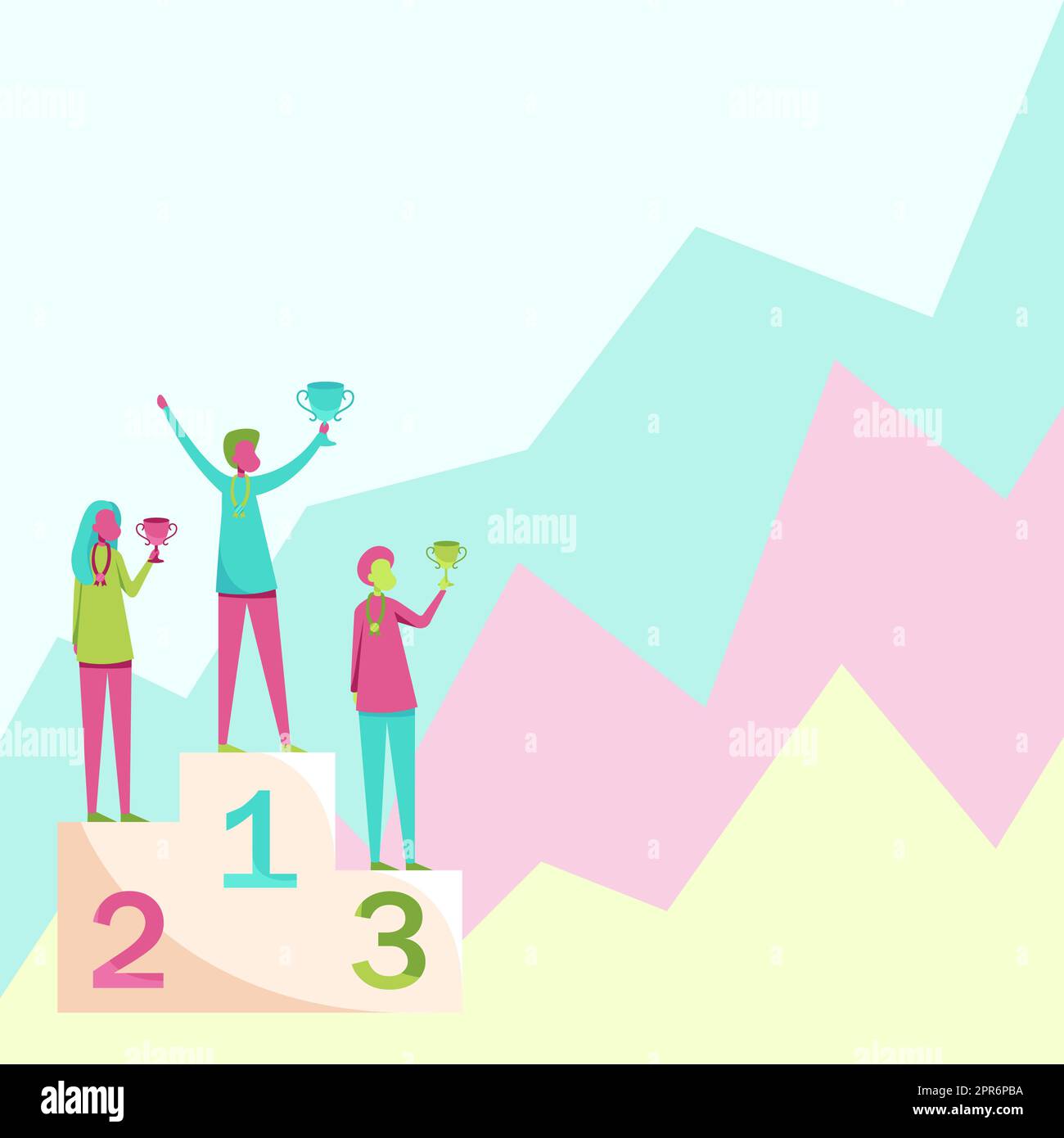 Three Competitors Standing On Podium Holding Trophies Celebrating ...