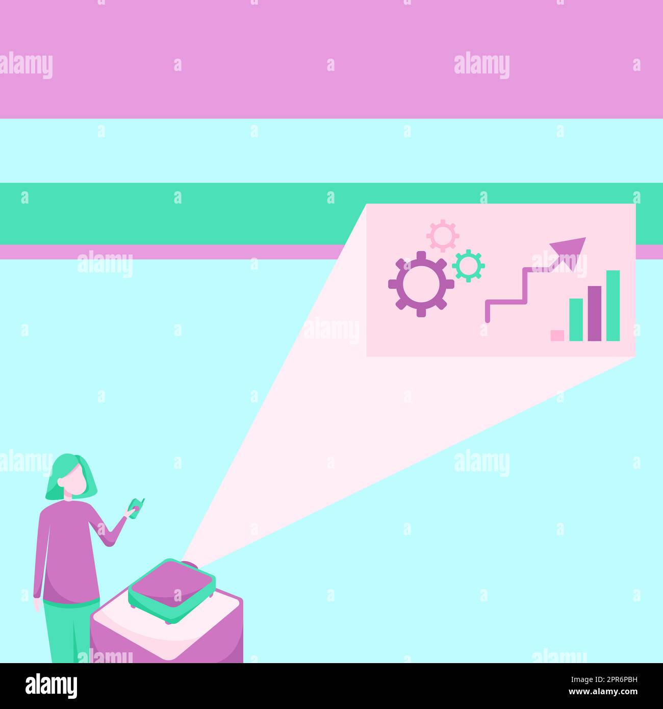 Lady Standing Holding Projector Remote Control Presenting Graph Growth ...