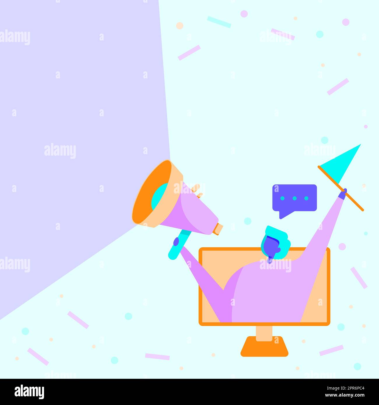 Lady Inside A Monitor Screen Drawing Holding Megaphone And Flag Stock ...