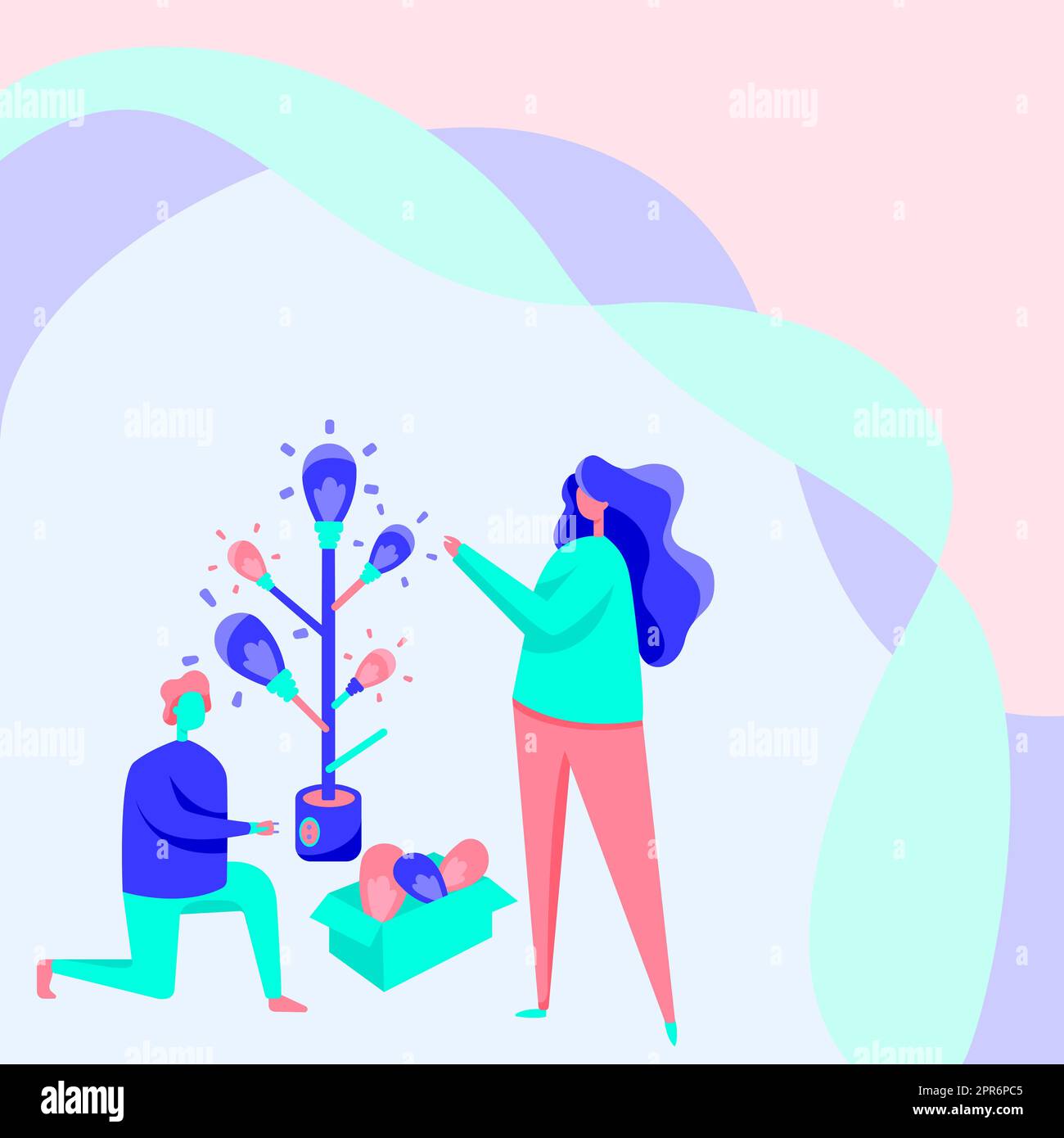 Man And Woman Drawing Standing Kneeling Assembling Light Bulb Tree ...