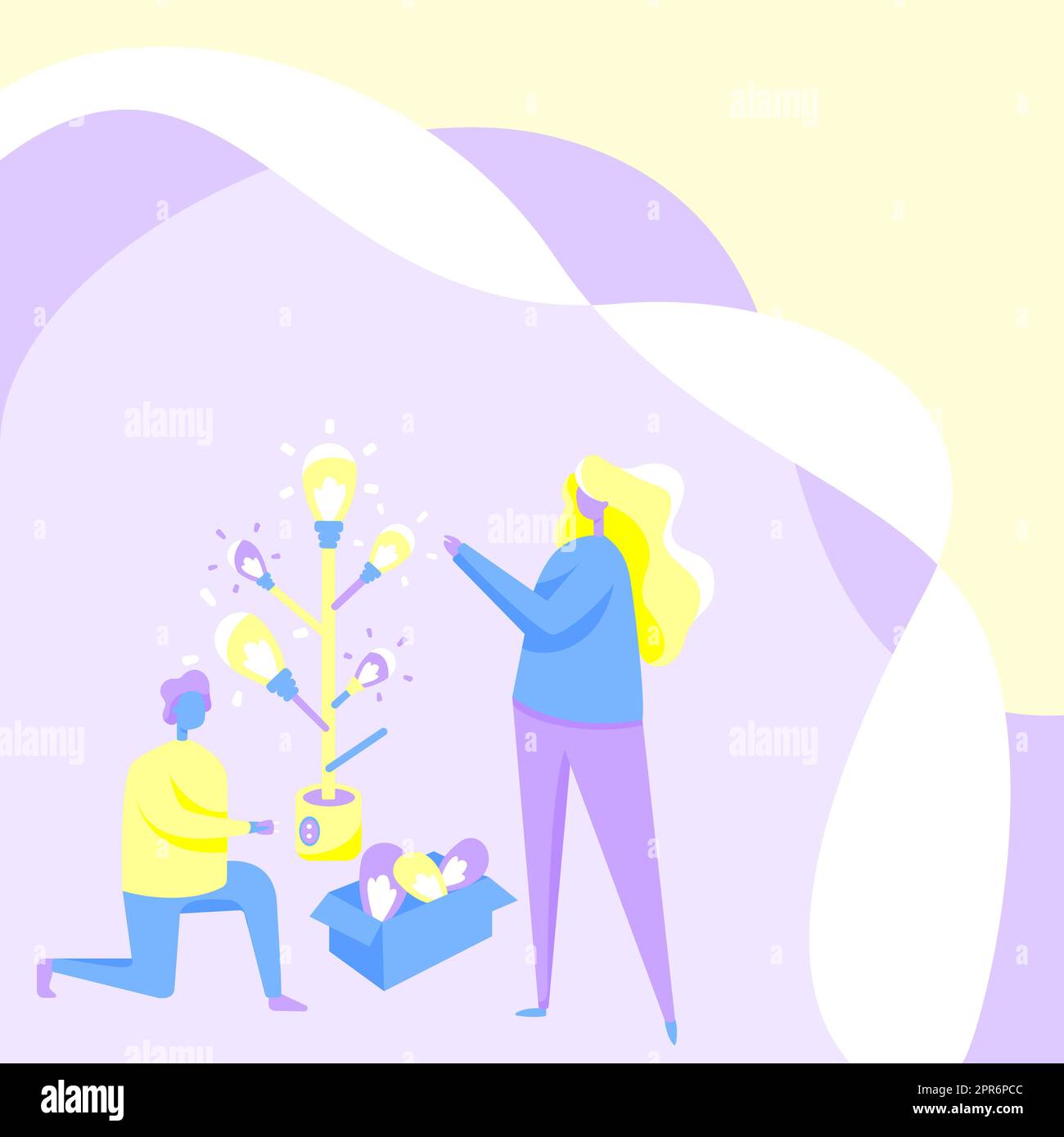 Man And Woman Drawing Standing Kneeling Assembling Light Bulb Tree ...