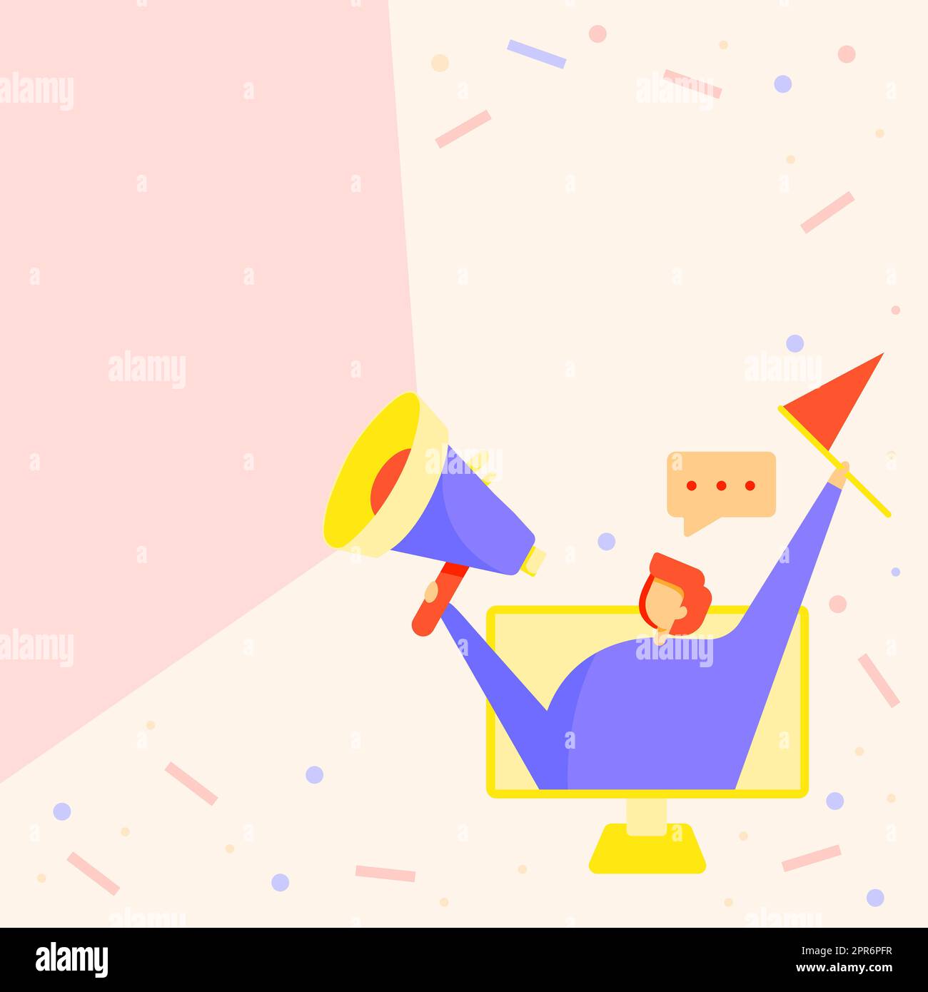 Lady Inside A Monitor Screen Drawing Holding Megaphone And Flag Stock ...