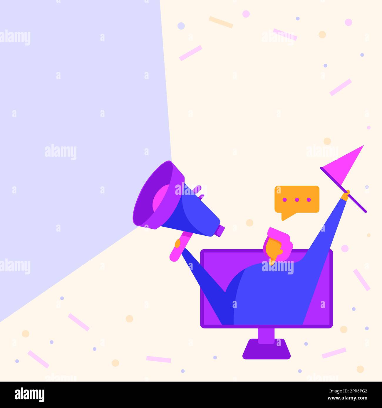 Lady Inside A Monitor Screen Drawing Holding Megaphone And Flag Stock ...