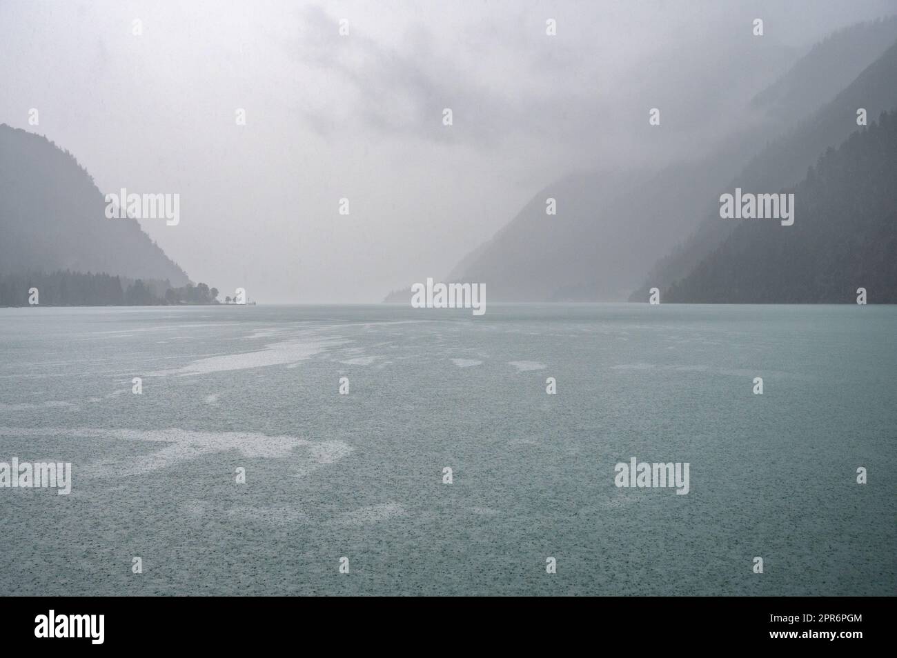 Bad weather with lots of rain at lake Achensee Stock Photo - Alamy