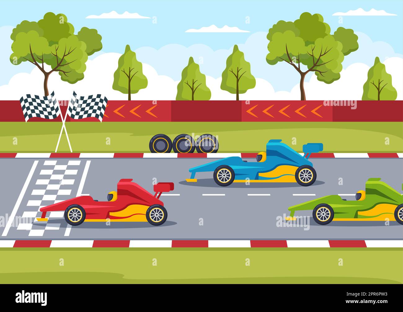 Formula Racing Sport Car Reach on Race Circuit the Finish Line Cartoon ...