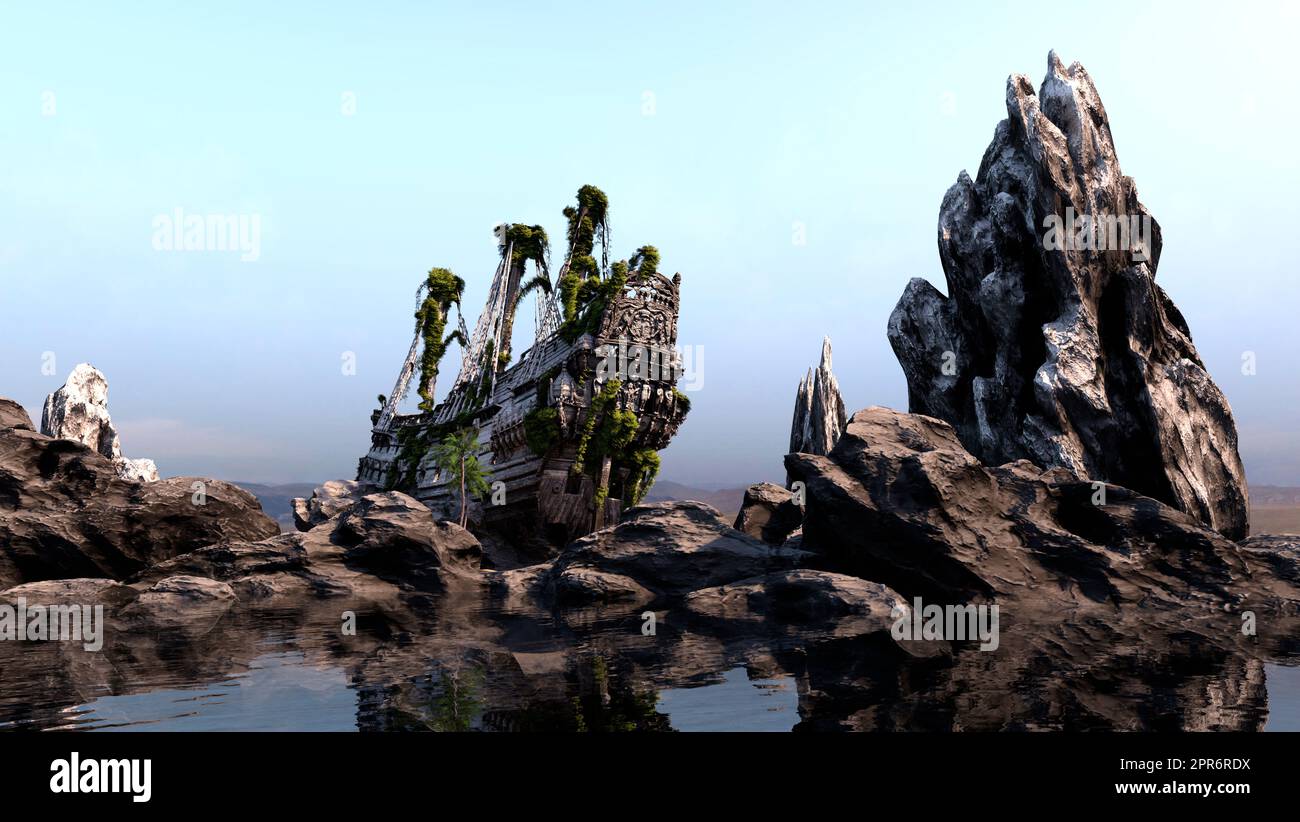 3D rendering of a wreck of a pirate ship on a coast Stock Photo - Alamy