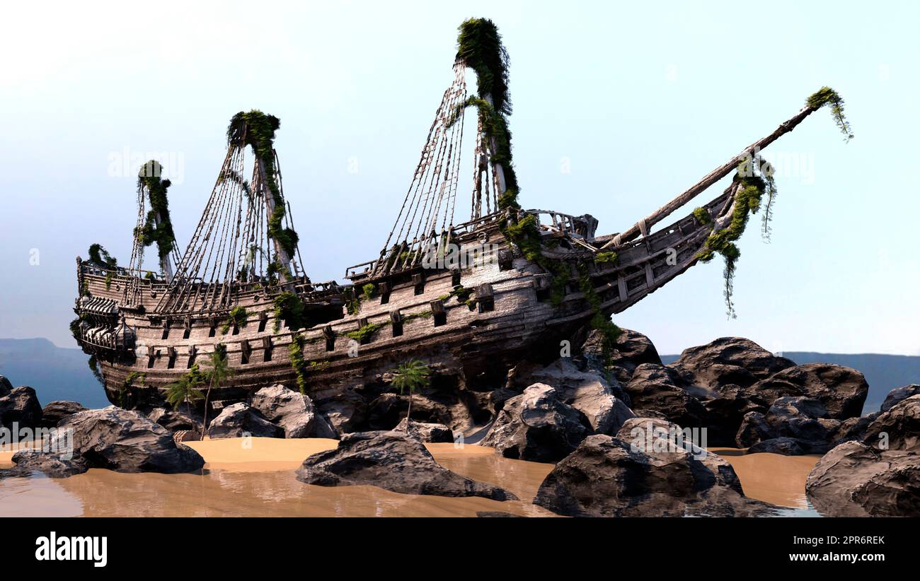 3D rendering of a wreck of a pirate ship on a coast Stock Photo - Alamy
