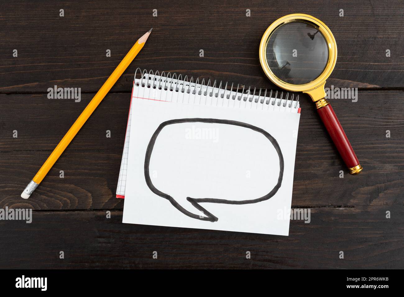 Thought Bubble Paper Drawing, Spiral Notebook, Pencil And Magnifying ...