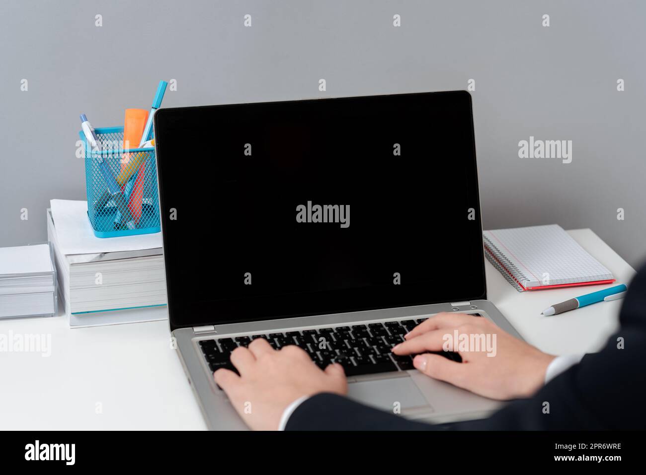 Businesswoman Typing Recent Updates On Lap Top Keyboard On Desk. Woman ...