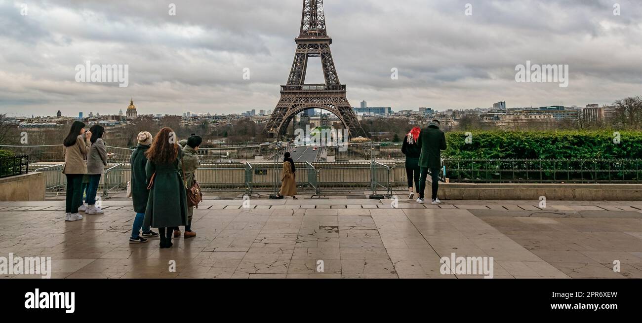 PARIS, FRANCE, JANUARY - 2020 - People at famous trocadero esplanade ...