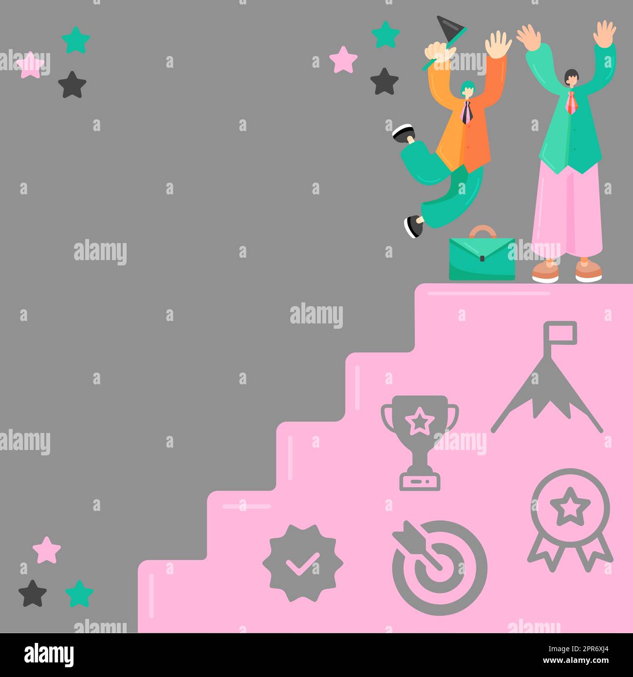 Success Stairscase With S Moving Up Celebrating Business Team. Cartoon ...