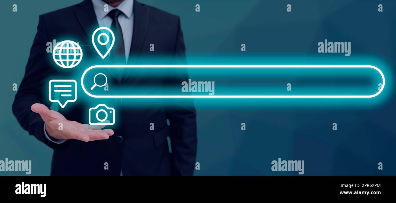 Businessman With Hand Showing A Search Bar Surrounded By Digital S With ...