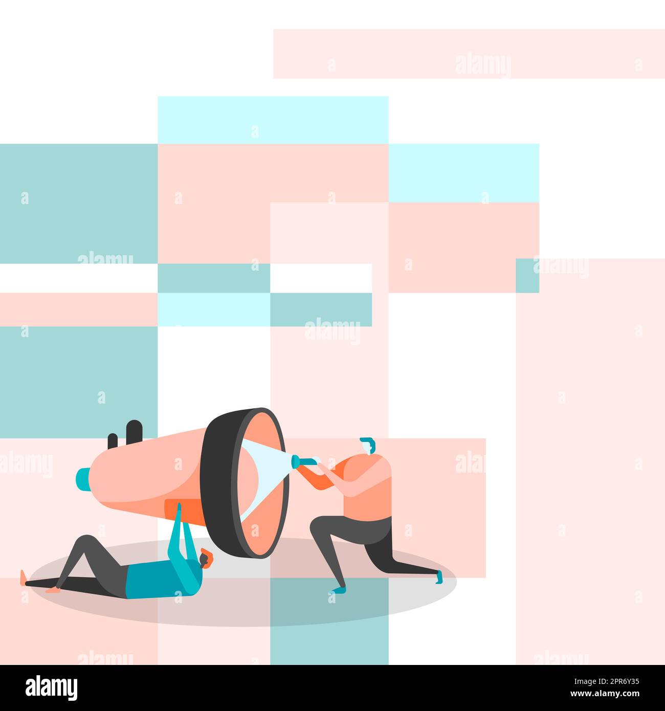 Illustration Of Workers Helping Each Other Using Flashlight To Fix ...