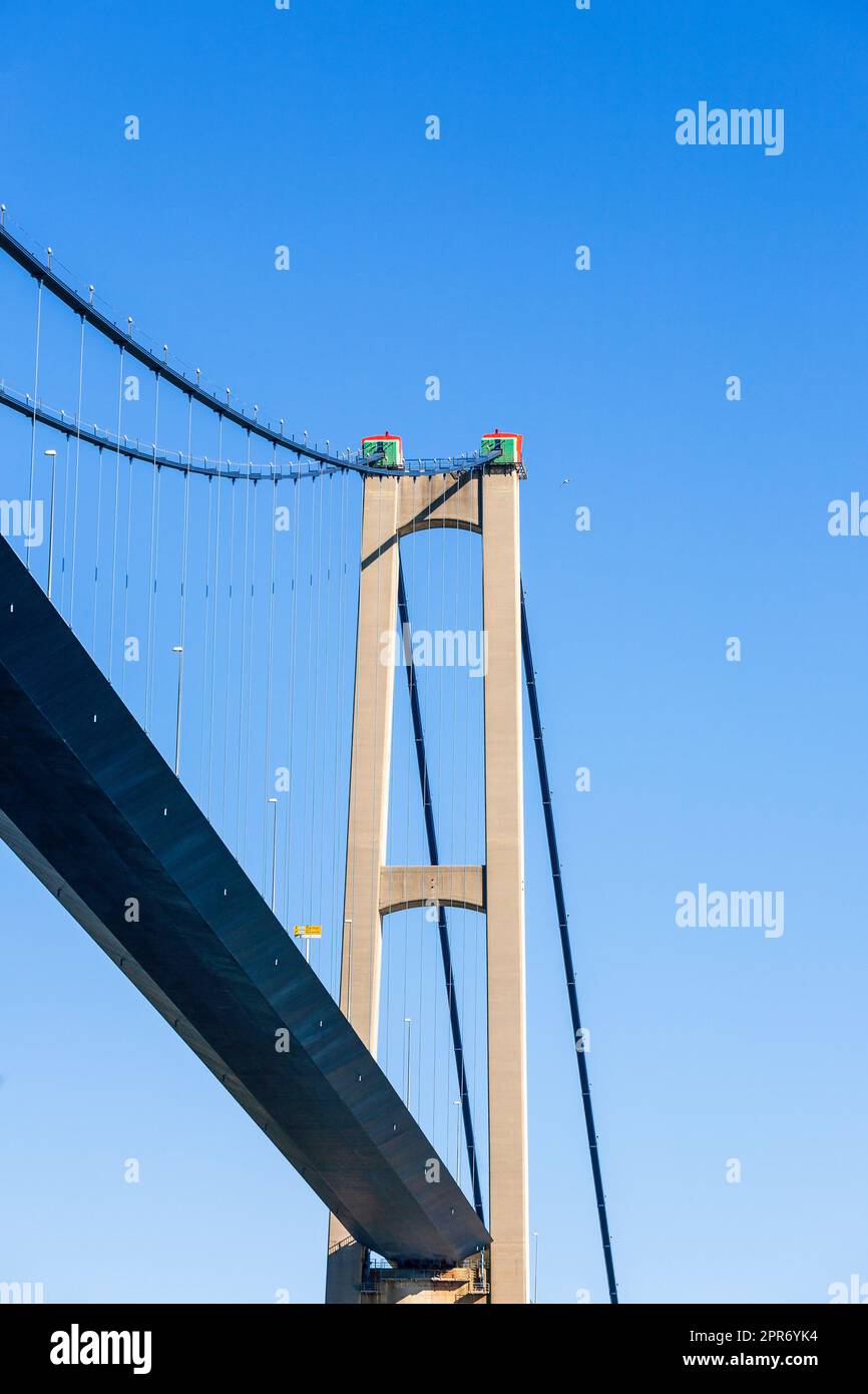 Suspension bridge with a pylon from below Stock Photo - Alamy