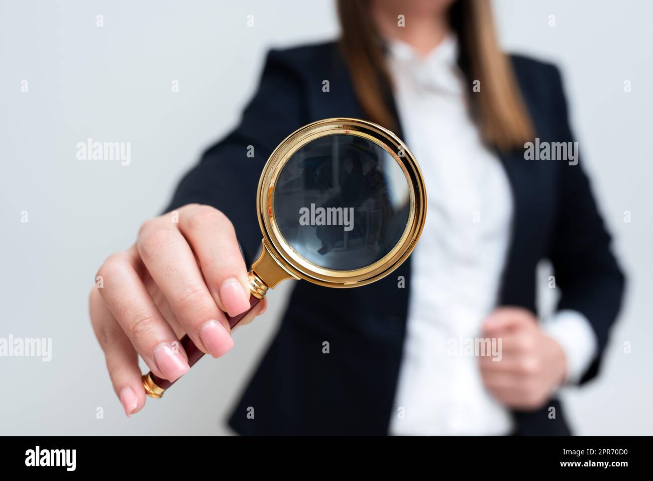 Businesswoman Holding Magnifier In One Hand. Woman Having Magnifying ...