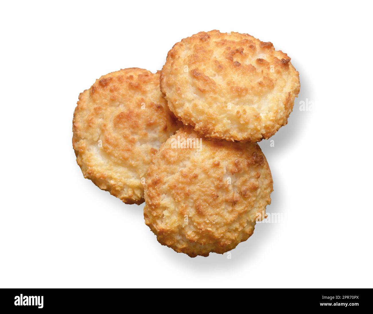 Coconut macaroon baked biscuits from above isolated cut out on white ...