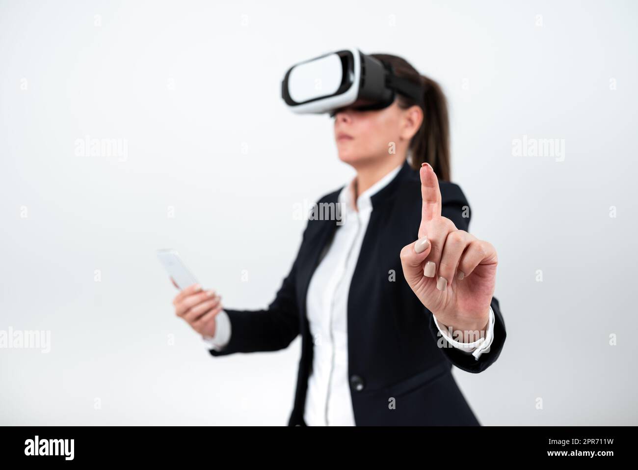 Woman Holding Mobile Phone, Wearing Vr Glasses And Pointing On Recent ...