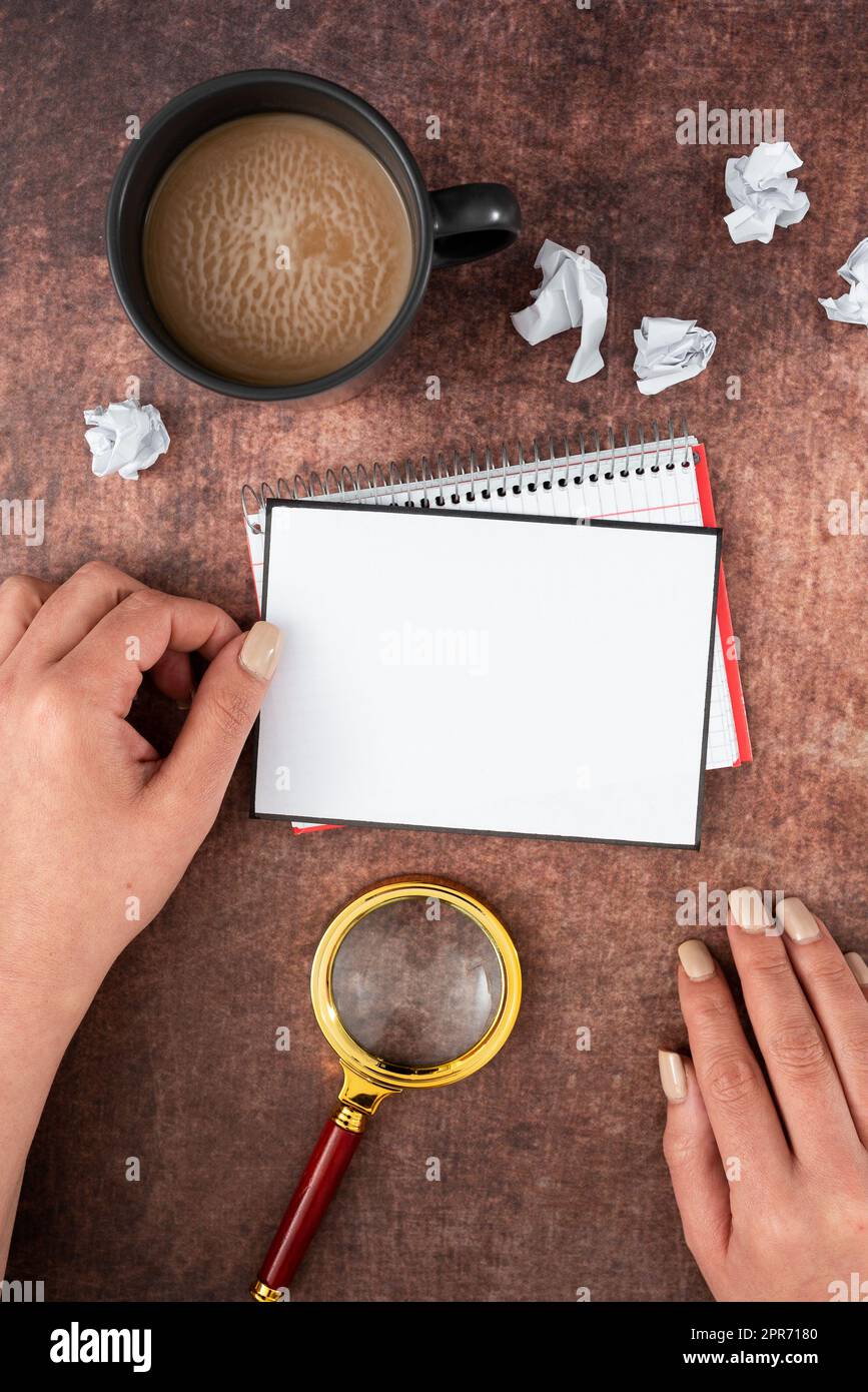 Hands Of Woman Having Blank Sheet With Copy Space, Magnifying Glass ...
