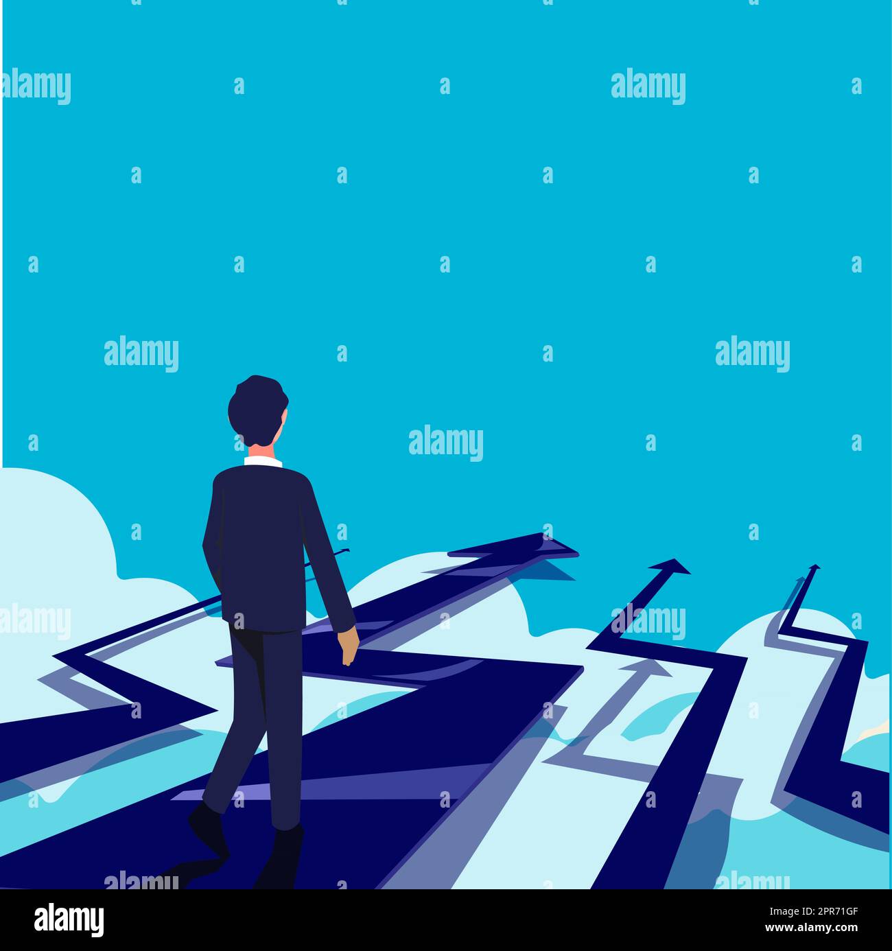 Businessman Going On Arrows In Clouds. Man In Suit Walking In Sky And ...
