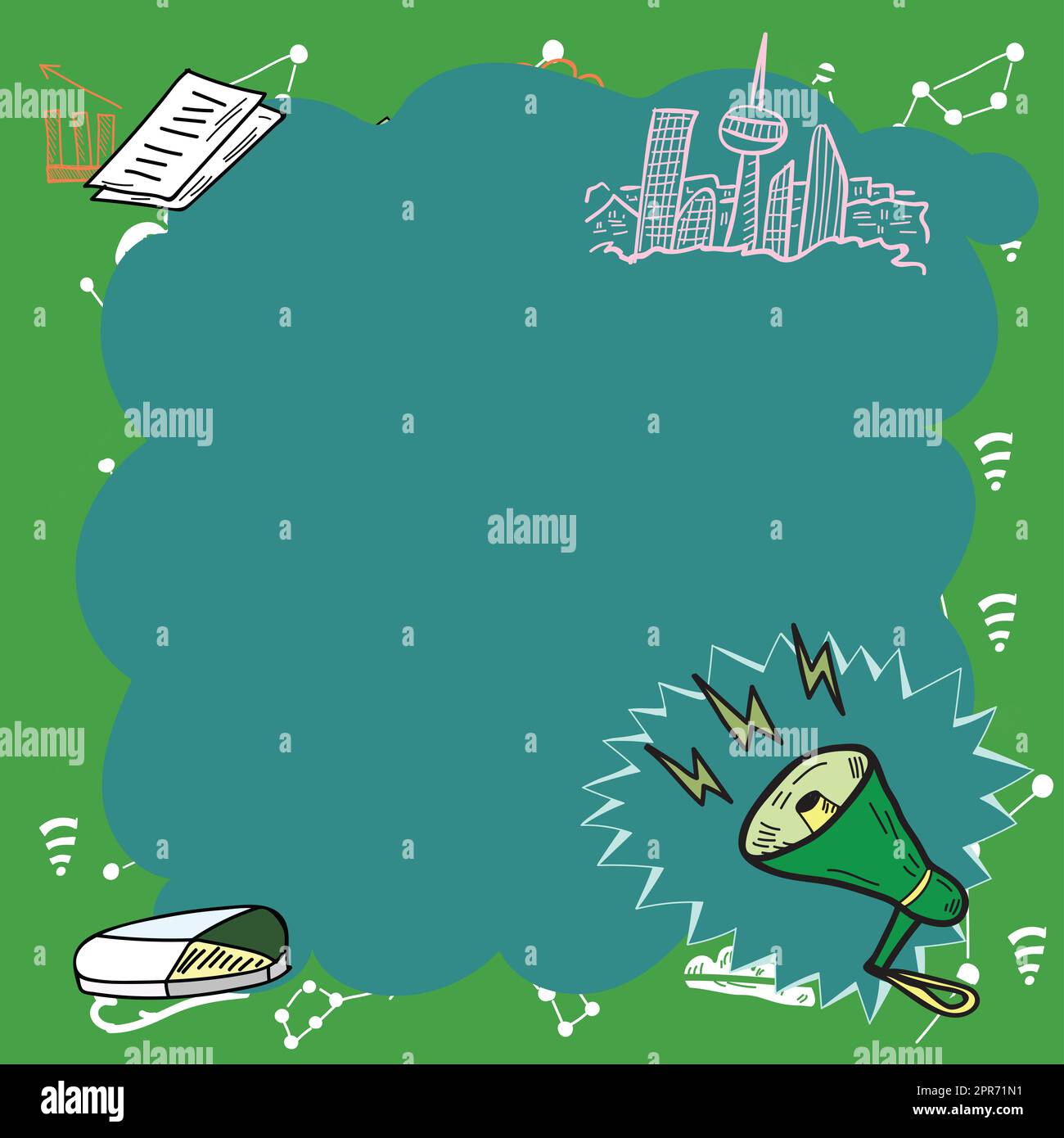 Important Messages Presented In Frame With Megaphone, Chart And Skyline ...