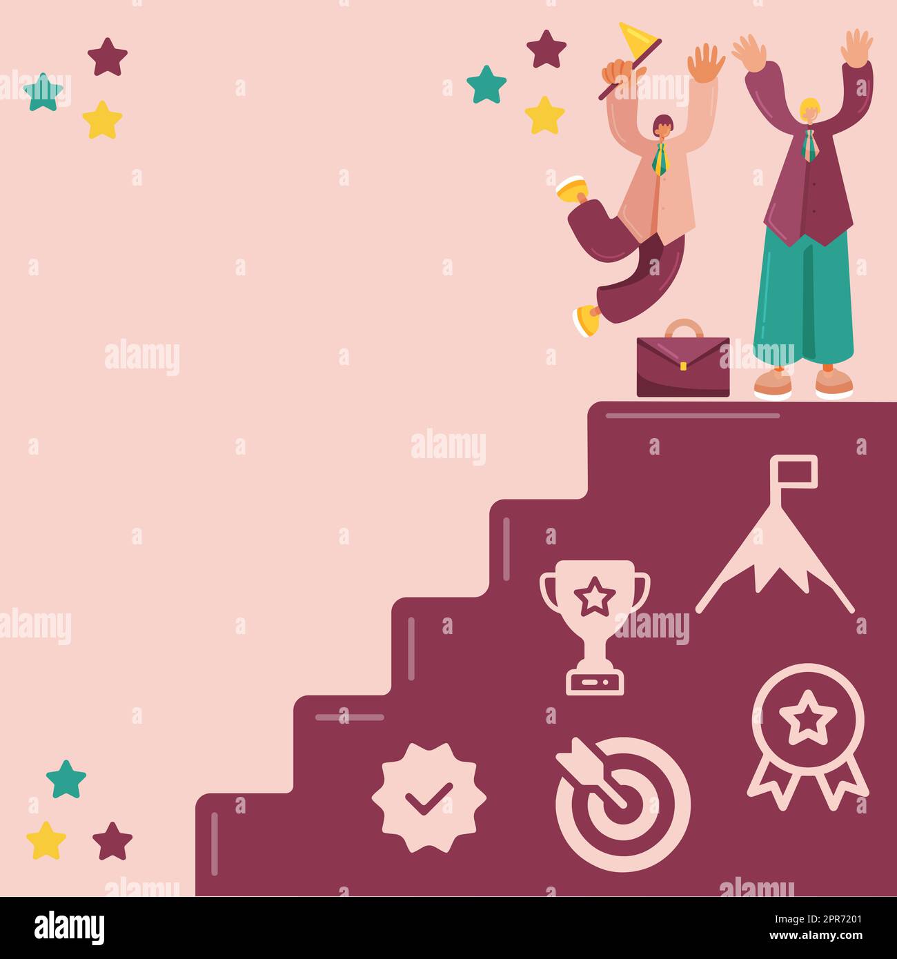 Success Stairscase With S Moving Up Celebrating Business Team. Cartoon ...