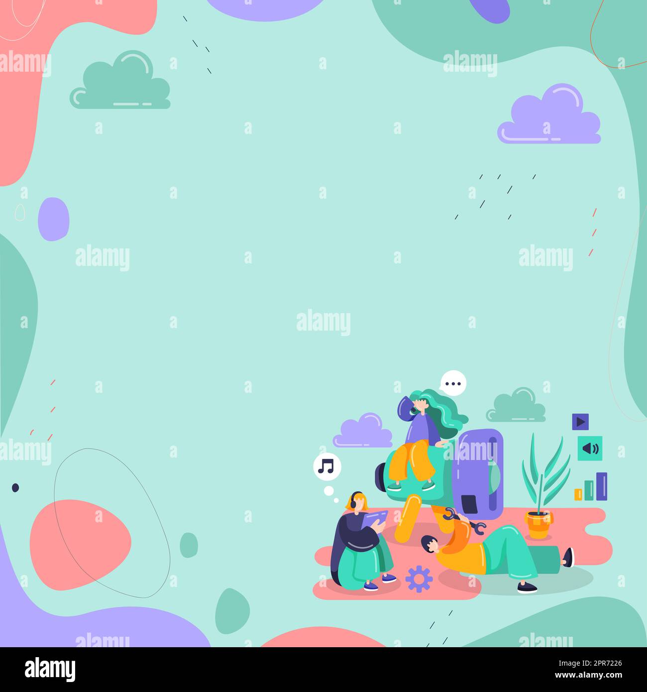 Illustration Group Relaxing Listening Music Fixing Megaphone. Three ...