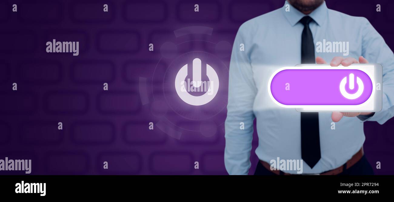 Businessman Holding Smartphone Showing Graphical Power Button Symbol ...