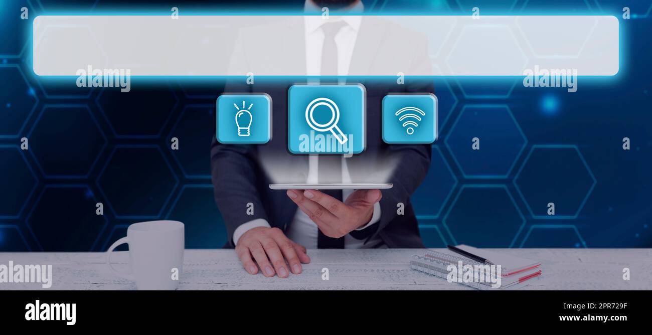 Businessman Holding A Tablet Displaying A Search Bar With Digital S In ...