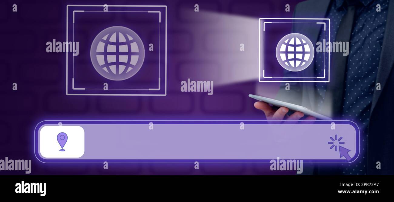 Male Professional Holding Tablet Displaying Graphical Globe And ...