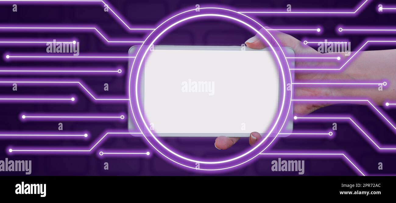 Businesswoman Hand Holding Tablet In Digitally Generated Circle With ...