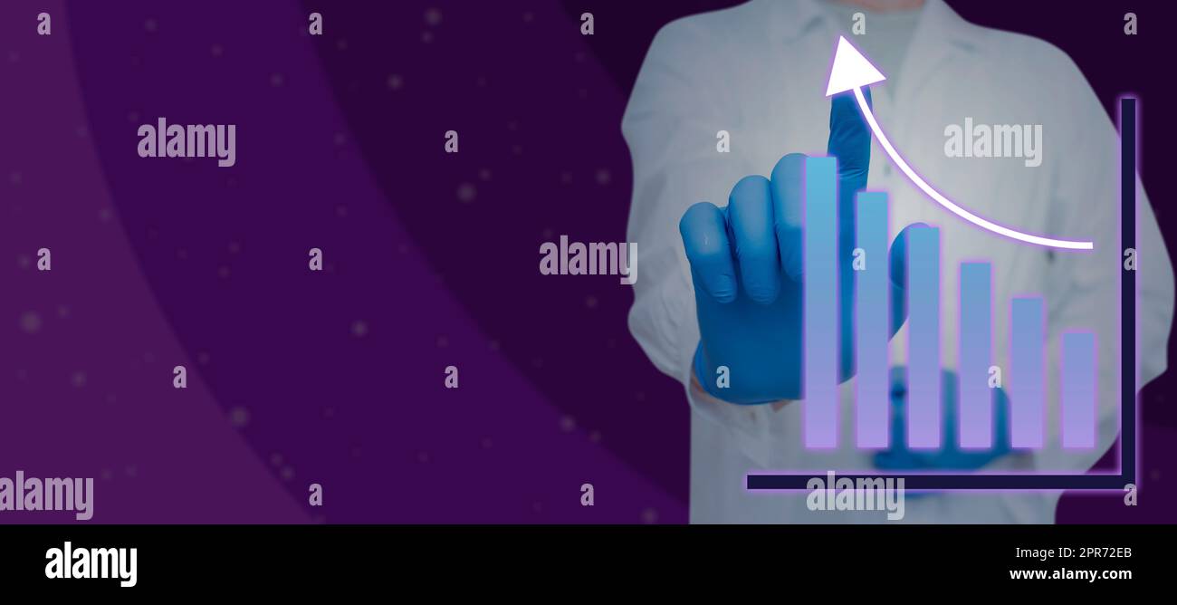 Doctor Wearing Gloves, Pointing With One Finger On Graph With Arrows Up ...